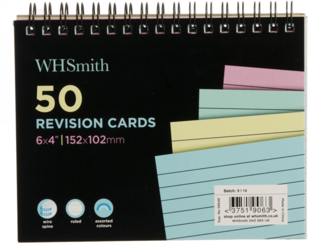WHSmith Coloured 6x4 Inch Wire Bound Revision Cards 50 Sheets ...